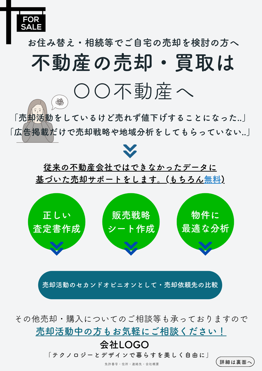 委任の取れる不動産売却チラシ作成します 不動産売却・買取案件の集客にお悩みの方へ チラシ作成・フライヤーデザイン ココナラ